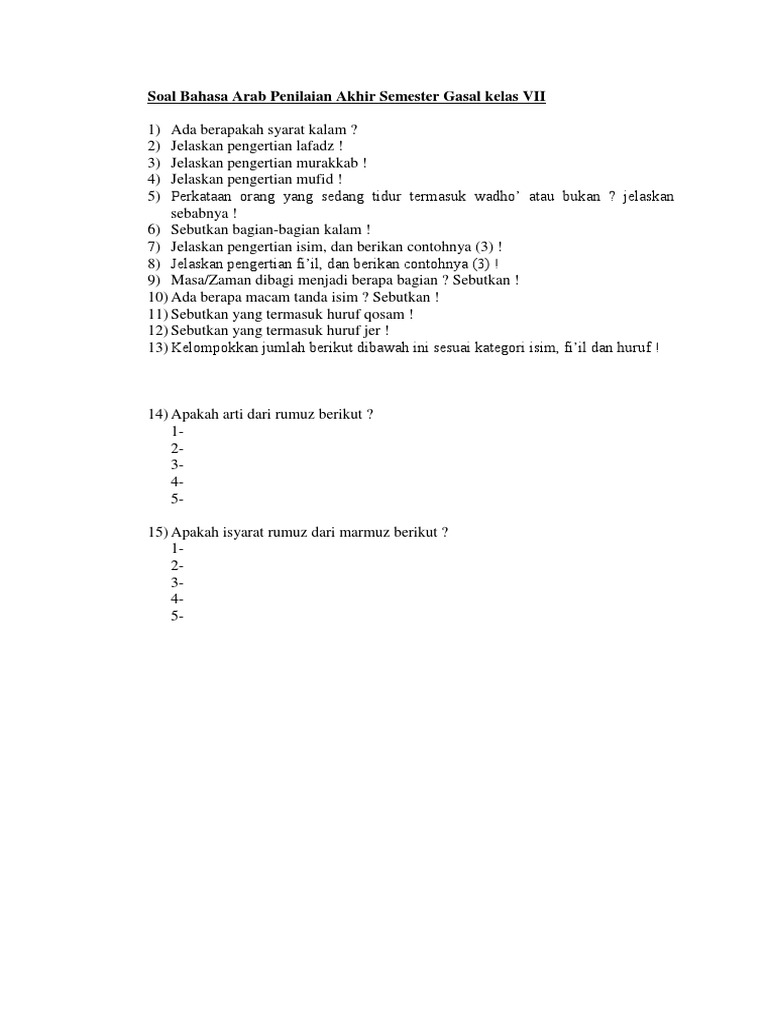 Soal Bahasa Arab Penilaian Akhir Semester Gasal Kelas VII | PDF | Seni & Disiplin Bahasa ...