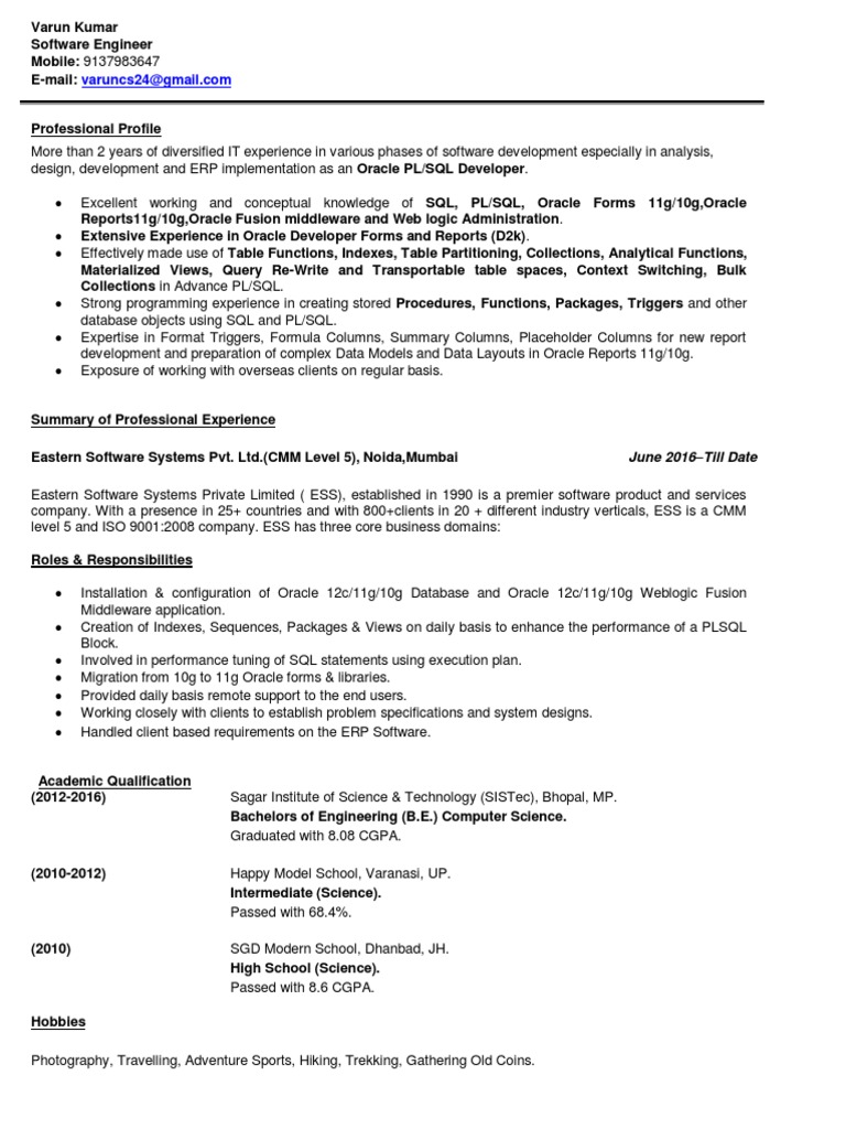 Resume VK | PDF | Oracle Database | Pl/Sql