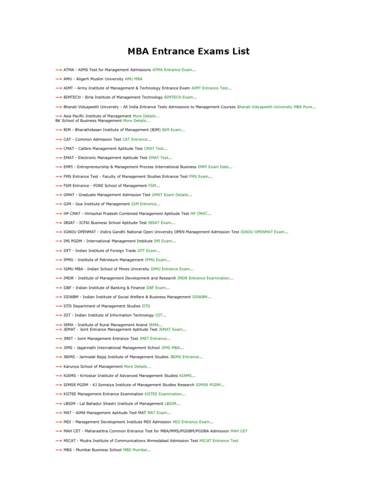 MBA Entrance Exams List | PDF | Master Of Business Administration ...