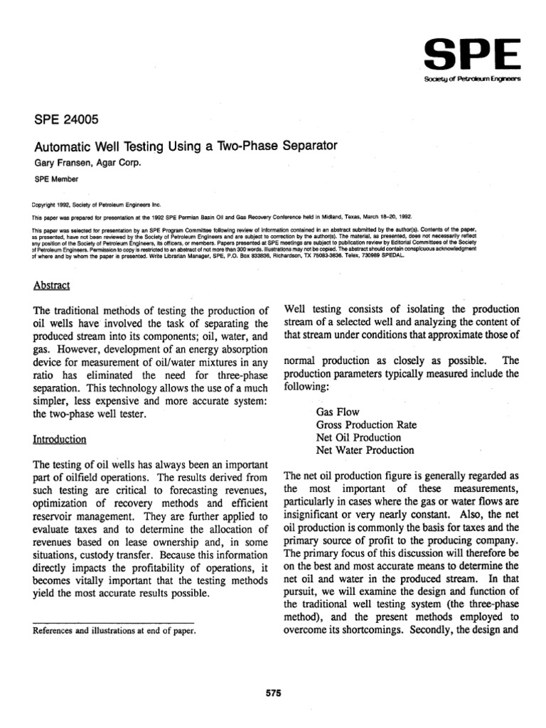 SPE 24005 Automatic Well Testing Using A Two-Phase Separator | PDF ...