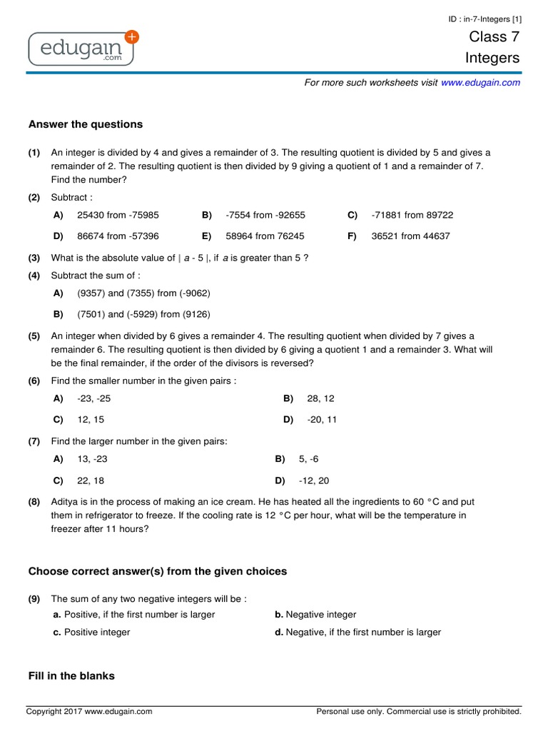 Grade 7 Integers in PDF | PDF | Division (Mathematics) | Multiplication