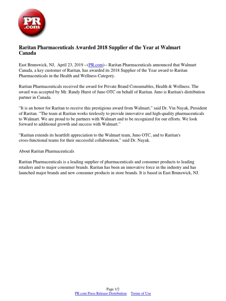 Raritan Pharmaceuticals Awarded 2018 Supplier of The Year at Walmart ...