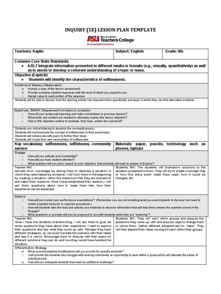Inquiry 5e Lesson Plan Template 1 | PDF | Lesson Plan | Educational ...