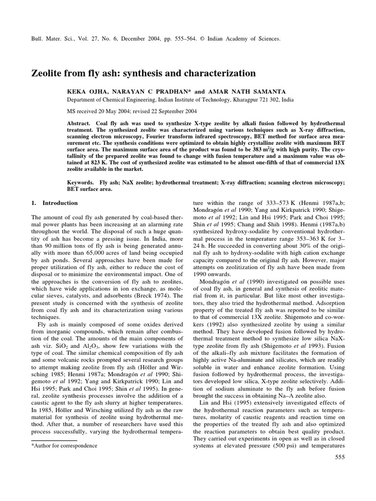 Zeolite From Fly Ash: Synthesis and Characterization: Keka Ojha ...