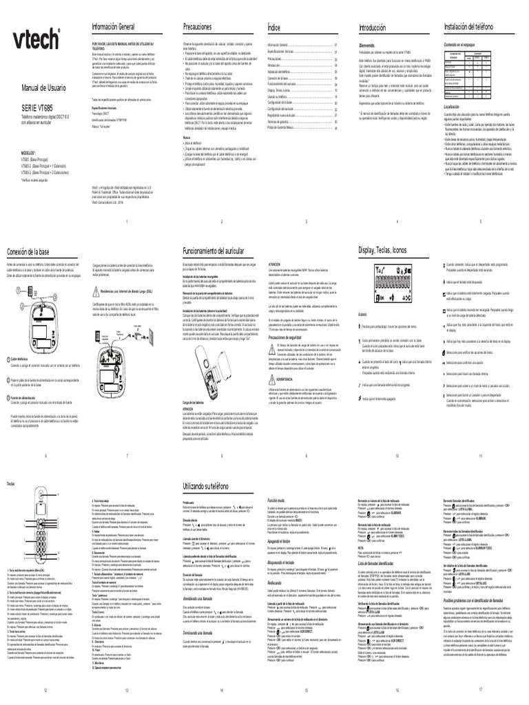 Manual de Usuario Teléfono VTech VT685 | PDF | Teléfono | Auriculares