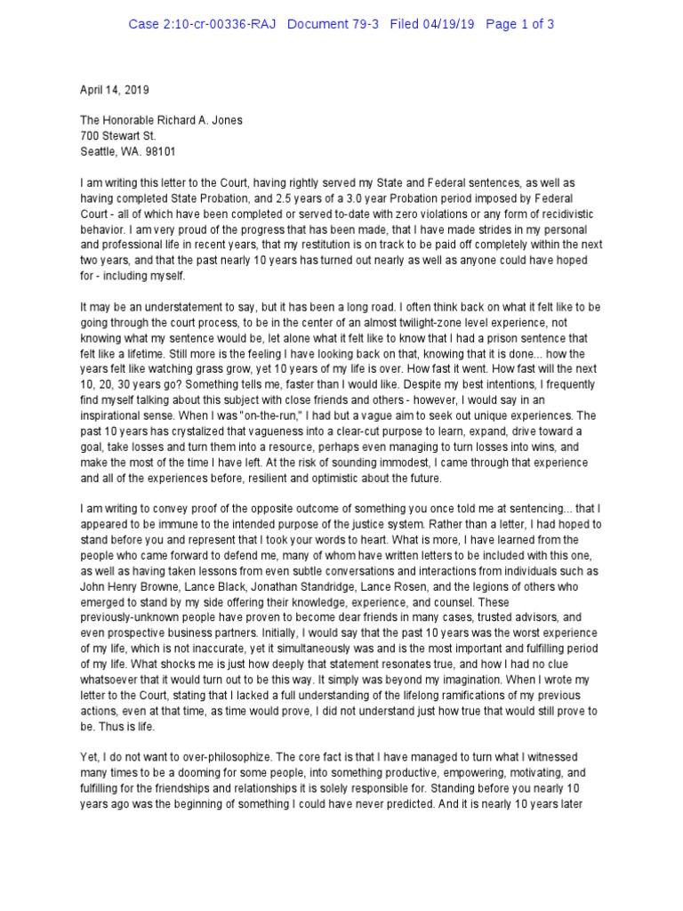 Defendant's Letter | Probation | Justice