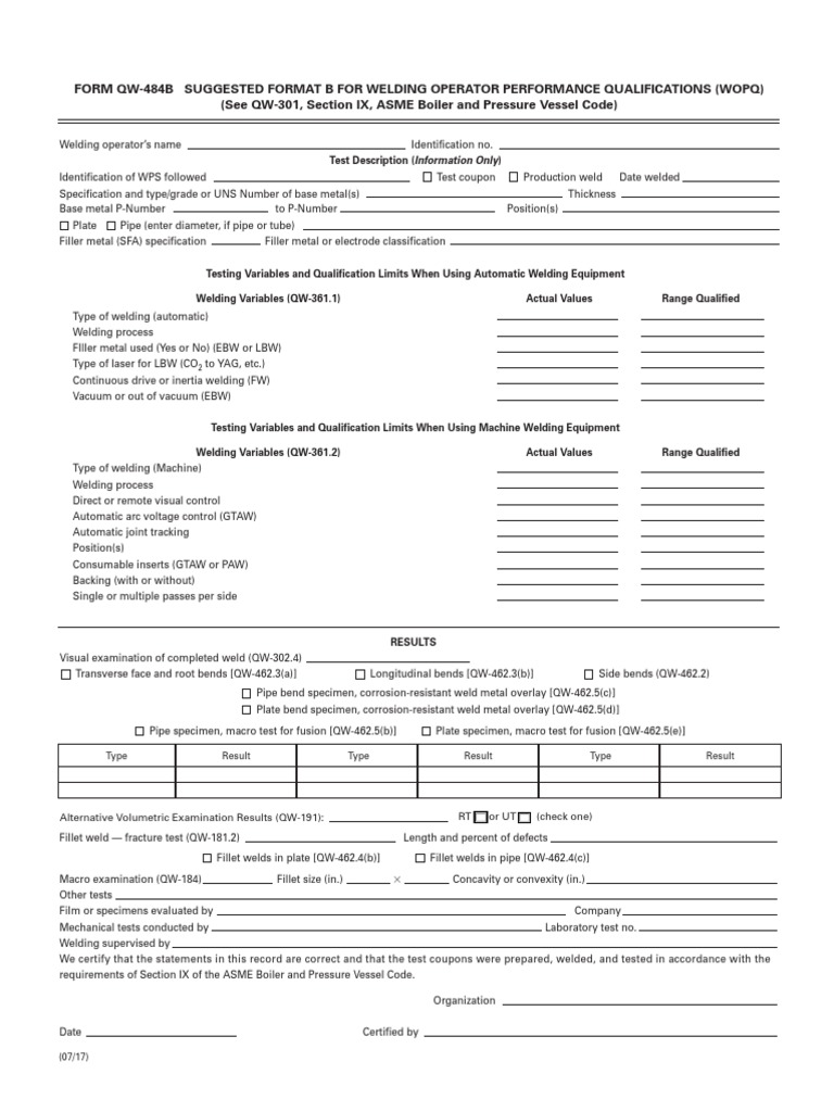 Form Qw-484B Suggested Format B For Welding Operator Performance ...