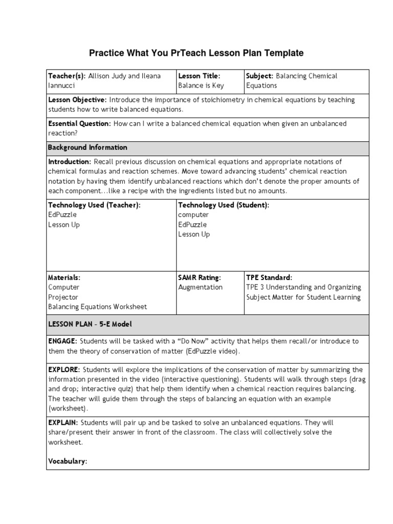 Balancing Chemical Equations Lesson Plan | PDF | Lesson Plan | Teachers