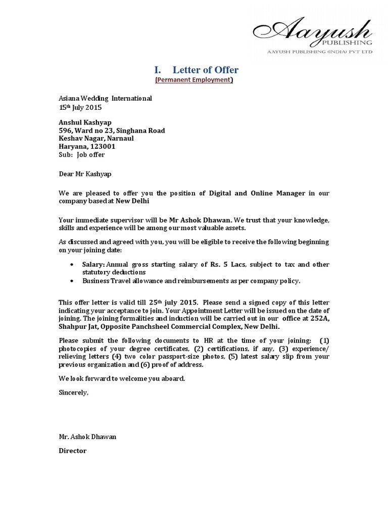 Appointment Letter Sample | PDF | Employment | Contractual Term
