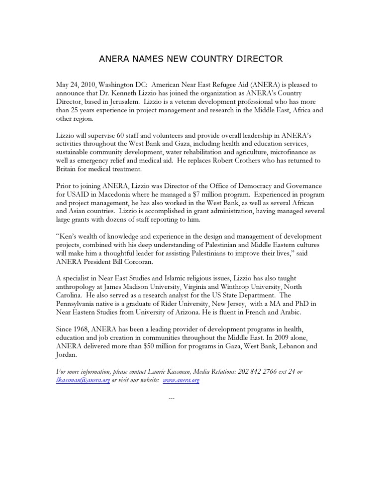 ANERA Appoints New Country Director | PDF
