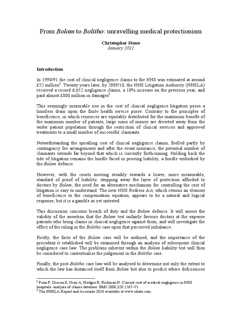 From Bolam To Bolitho Unravelling Medical Protectionism | PDF ...