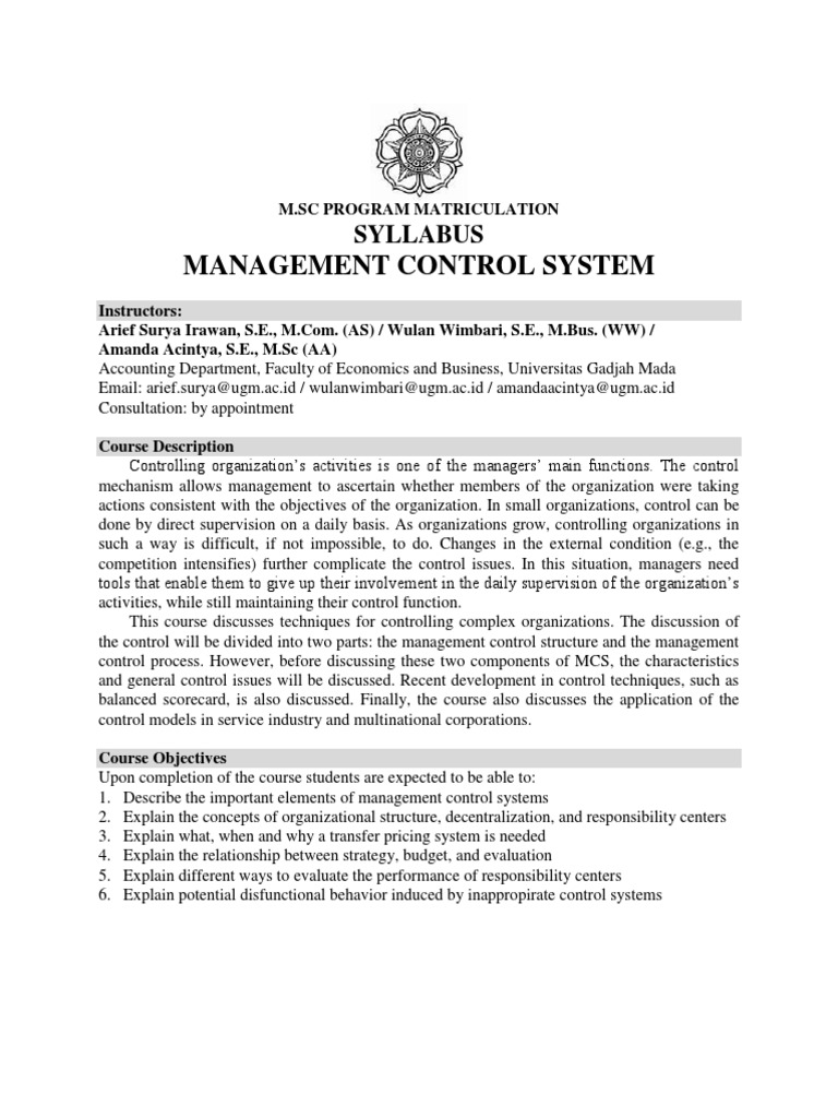 Management Control System: Syllabus | PDF | Strategic Planning | Strategic Management