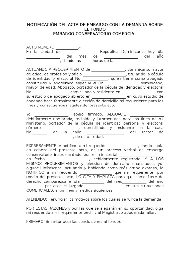 Notificación Del Acta De Embargo Con La Demanda Sobre El Fondo Embargo ...