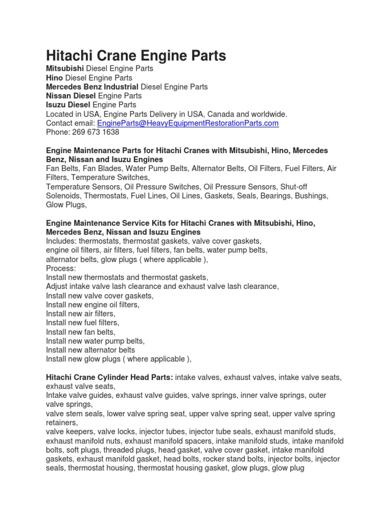 Hitachi Crane Engine Parts - Mitsubishi, Hino, Mercedes Benz Industrial ...
