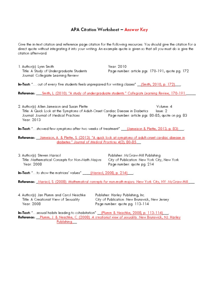 APA Citation Worksheet Answer Key | PDF | Social Science