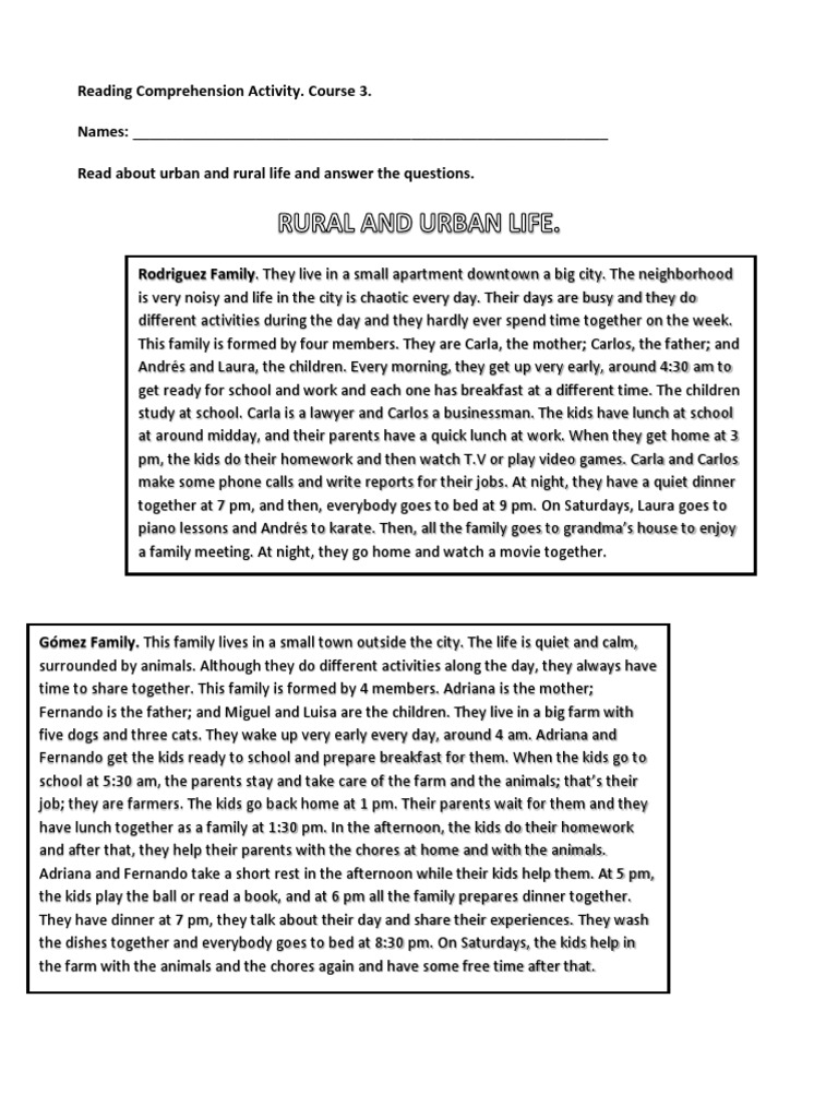 Reading Comprehension Rural and Urban Life | PDF