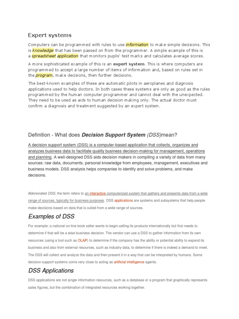 Expert Systems: Definition - What Does Decision Support System (DSS ...