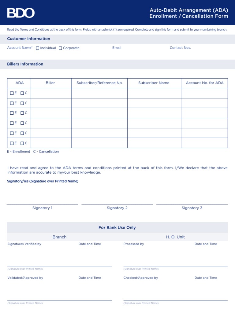 BDO ADA Enrollment Form.v1 | PDF | Deposit Account | Americans With ...