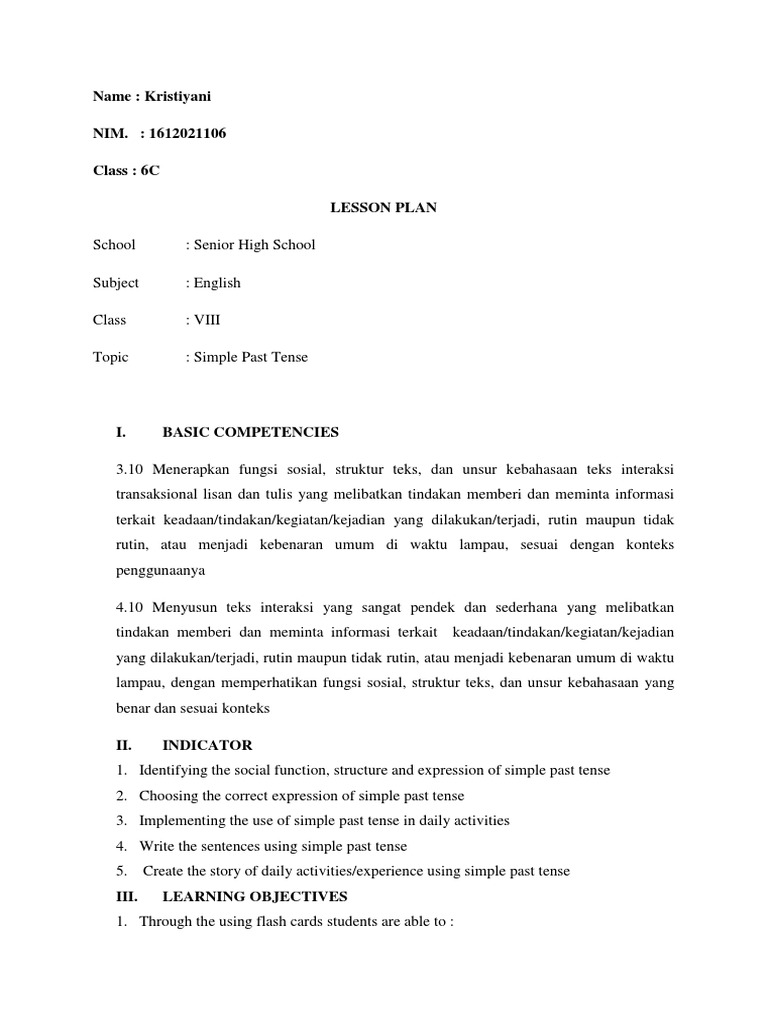 Name: Kristiyani NIM.: 1612021106 Class: 6C Lesson Plan | PDF ...