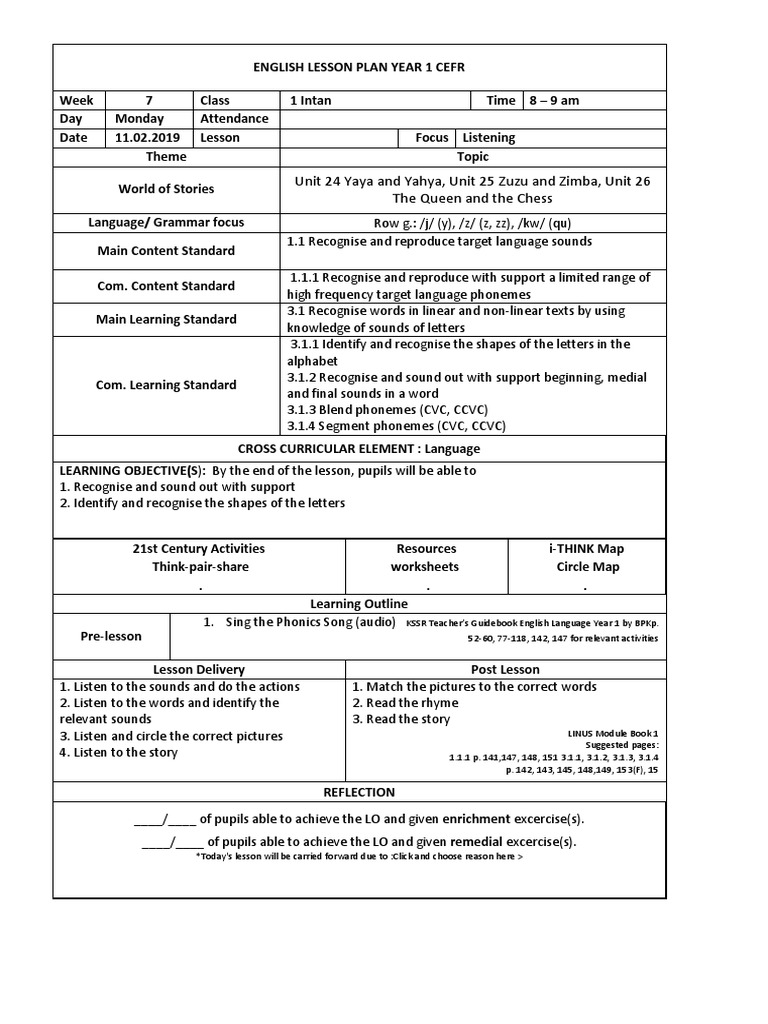 English Lesson Plan Year 1 Cefr | PDF | Word | Lesson Plan English Lesson Plan Year 1 Cefr | PDF | Word | Lesson Plan