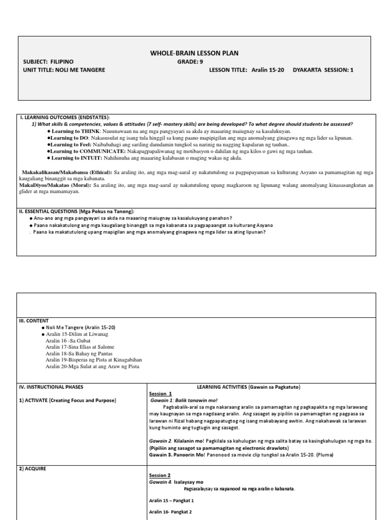 Whole Brain Lesson Plan Noli Aralin 15 20 | PDF