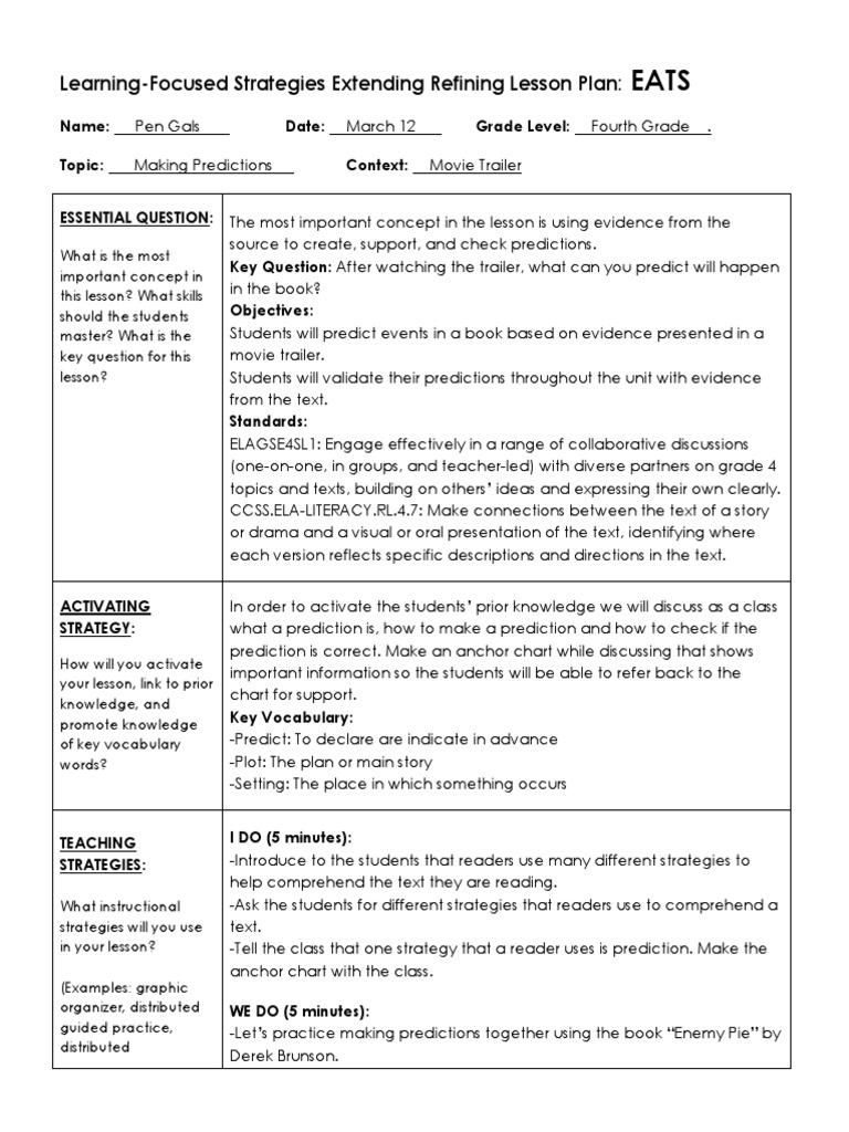 Learning-Focused Strategies Extending Refining Lesson Plan | Download ...