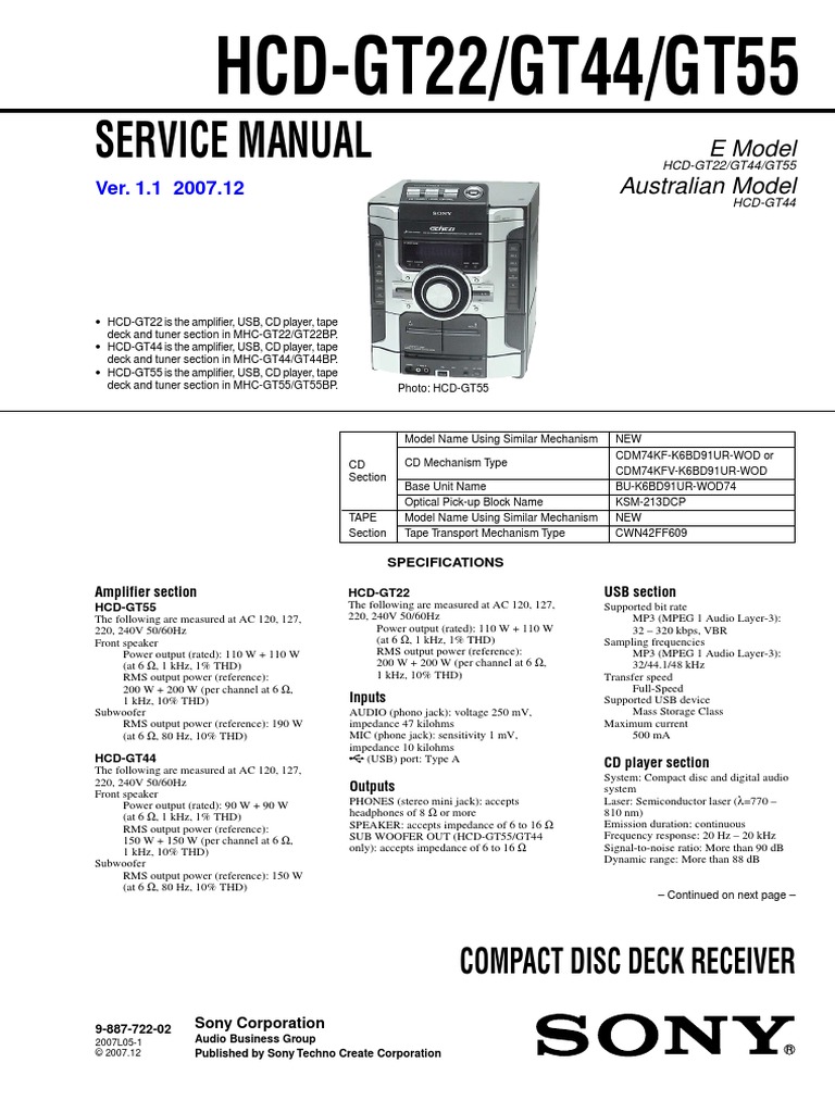 Sony HCD-GT22 GT44 GT55 PDF | PDF | Loudspeaker | Compact Cassette