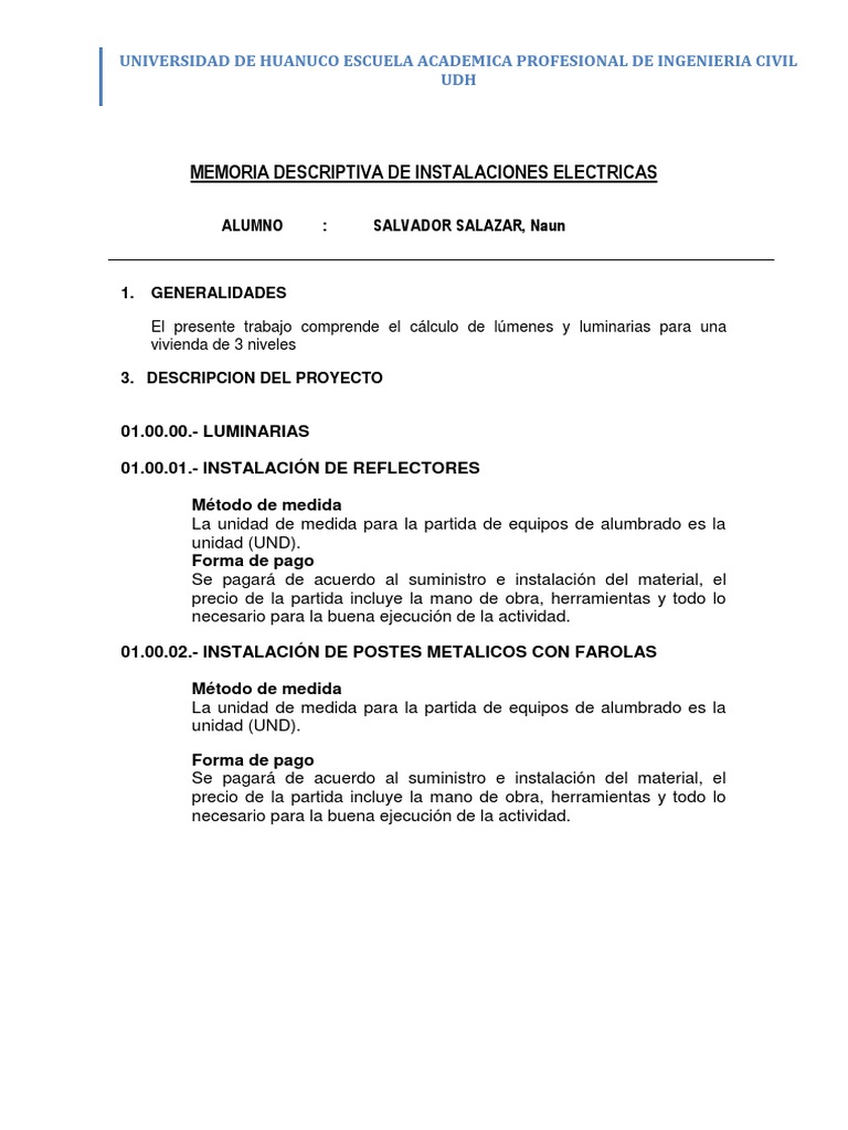 Memoria Descriptiva de Instalaciones Electricas | PDF