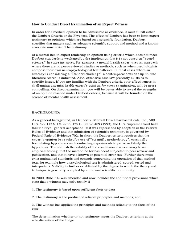 Legal Guide: Examining Expert Witnesses | PDF | Daubert Standard ...