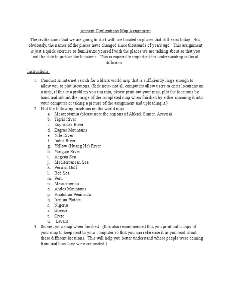 Ancient Civilizations Map Assignment Hand Out | PDF