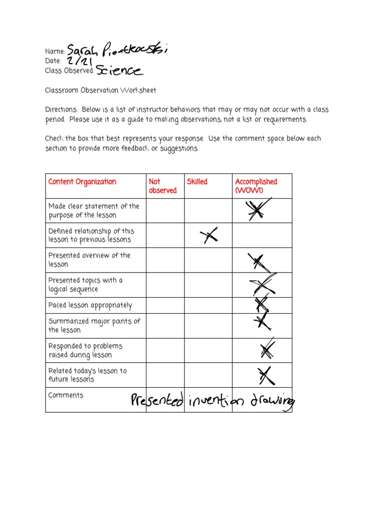 Classroom Observation Worksheet | PDF | Worksheet | Classroom