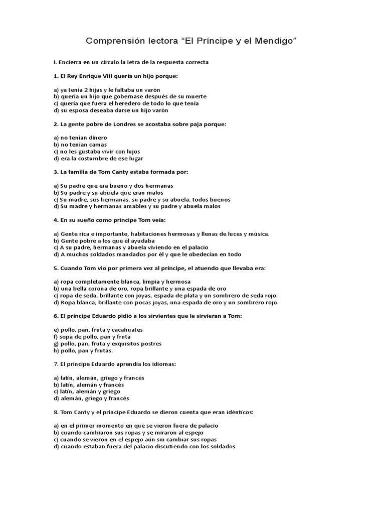 Comprensión Lectora El Principe y El Mendigo | El príncipe y el mendigo ...