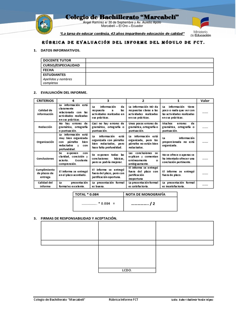 Rubrica Evaluacion Informe FCT | PDF | Ciencia cognitiva | Modificación de comportamiento