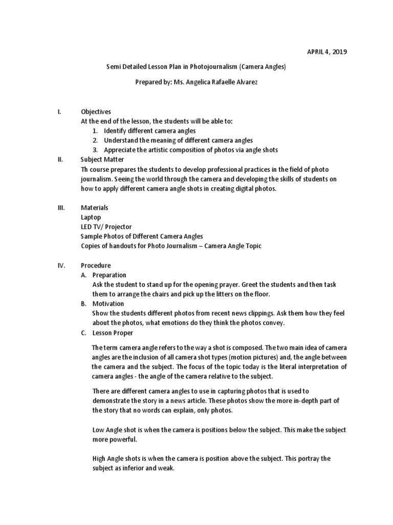 Lesson Plan - Camera Angle | PDF | Camera | Lesson Plan