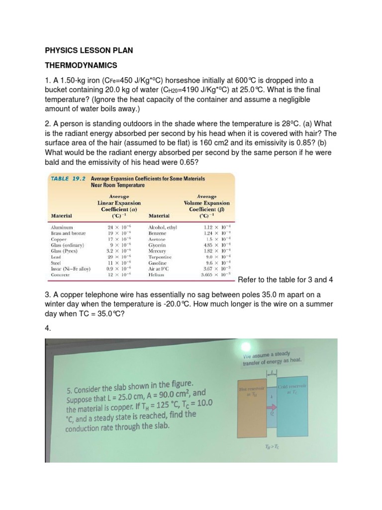Physics Lesson Plan Thermodynamics: Fe o H20 o | PDF