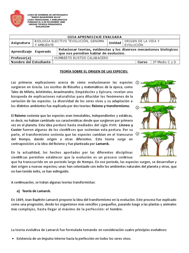 Teoría de Lamarck y el Fixismo | PDF | Charles Darwin | Evolución