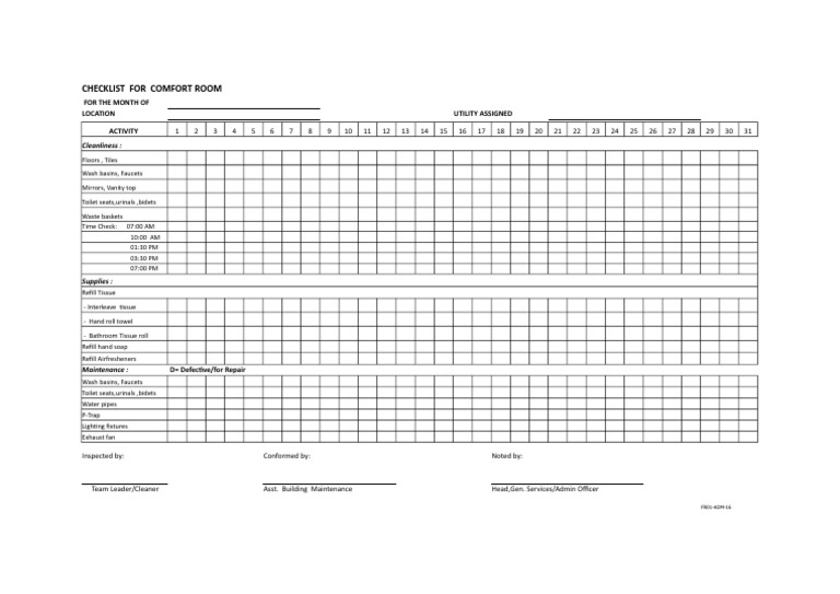 FR01-ADM-16 Checklist For Comfort Room | PDF