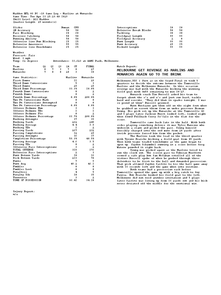 Marlins at Monarchs | PDF | Touchdown | Gridiron Football