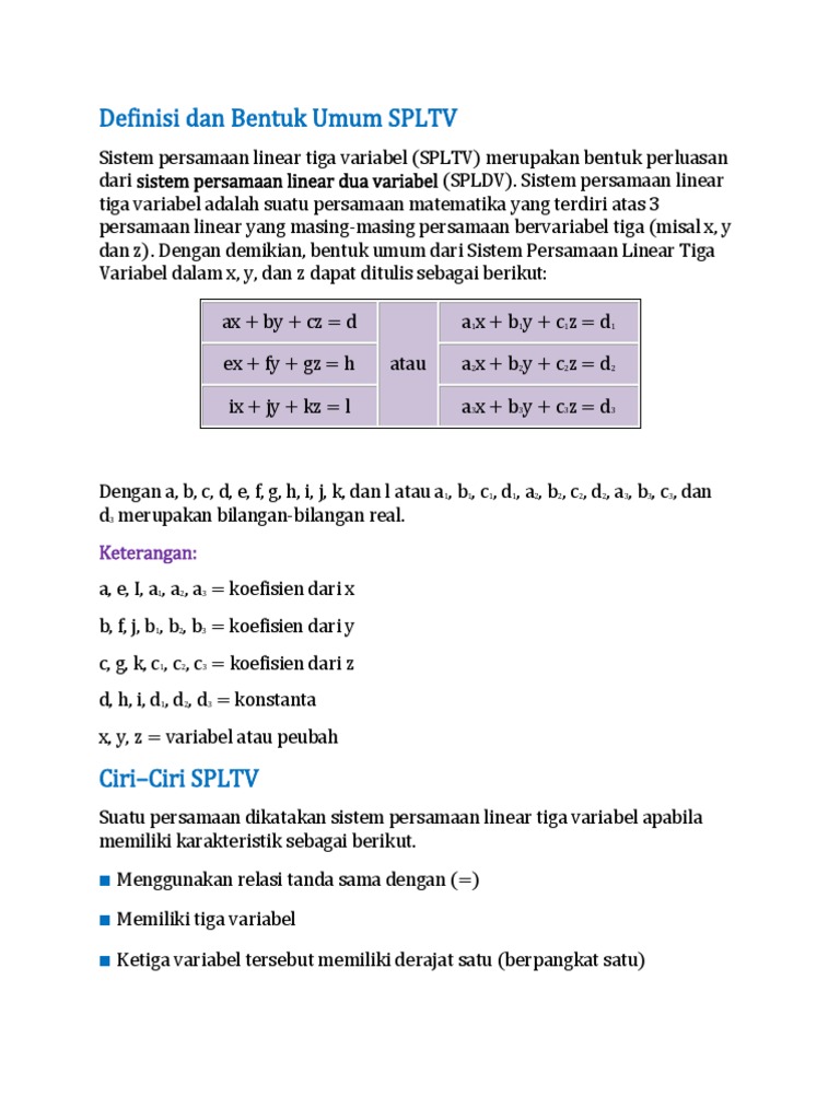 Definisi Dan Bentuk Umum SPLTV | PDF