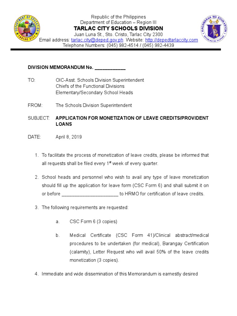 Division Memorandum On Application For Monetization of Leave Credits | PDF