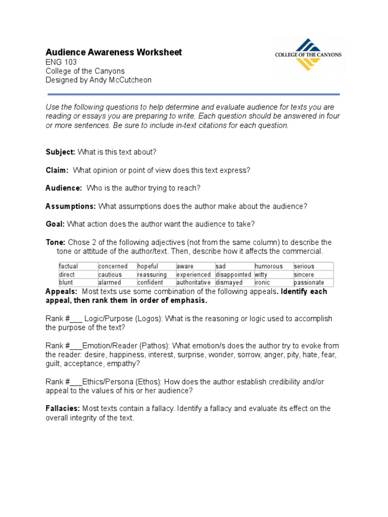 Audience Awareness Sheet | PDF | Subjective Experience | Emotions