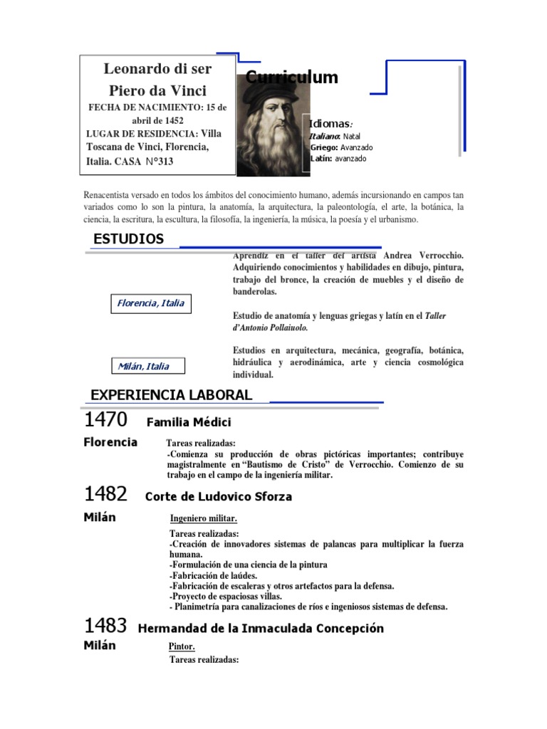 Perfil de un polimata: el curriculum vitae de Leonardo da Vinci | PDF | Leonardo Da Vinci | Pinturas