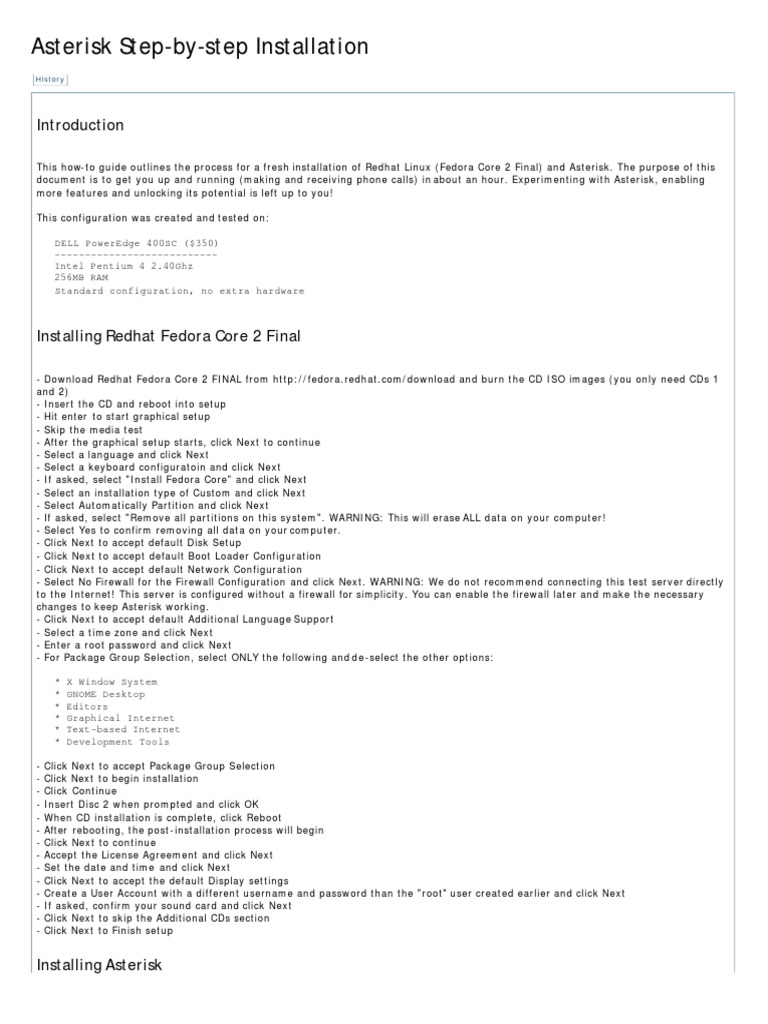 Asterisk Step-By-Step Installation: History | PDF | Superuser | Booting