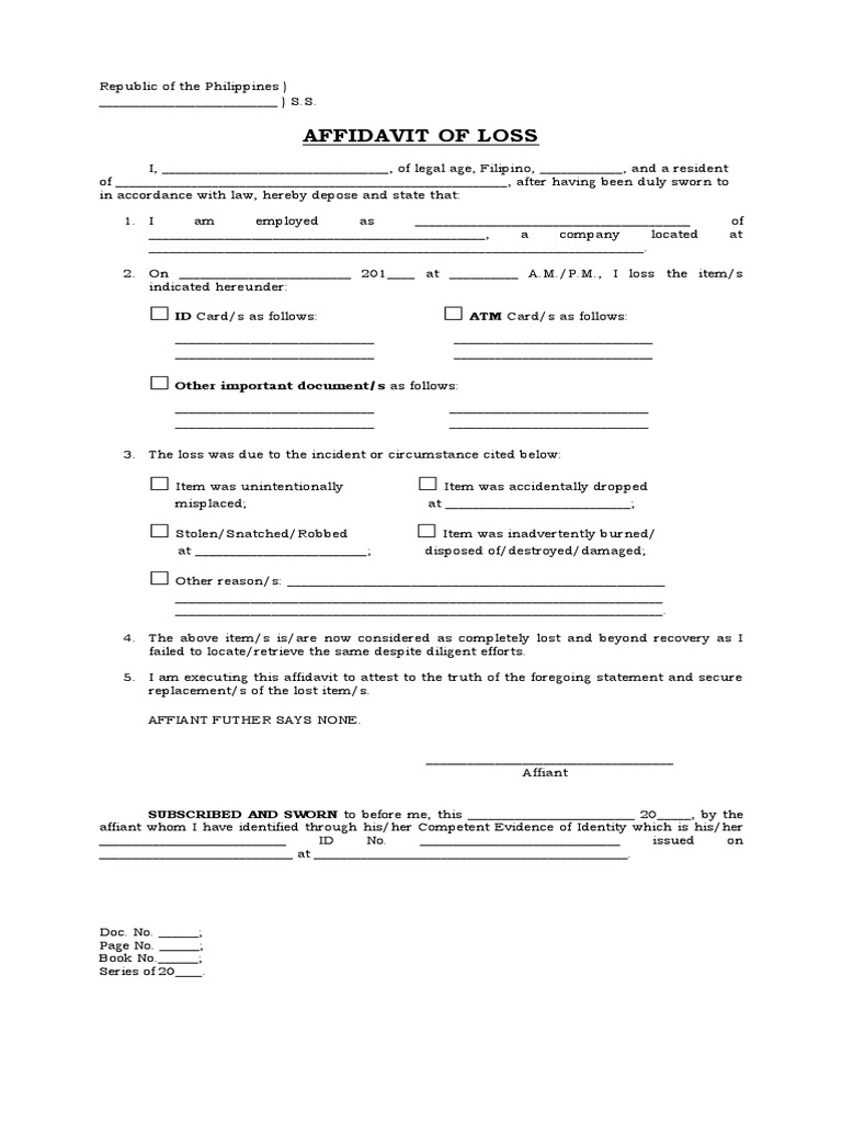 Pro Forma Affidavit of Loss | PDF | Affidavit | Document