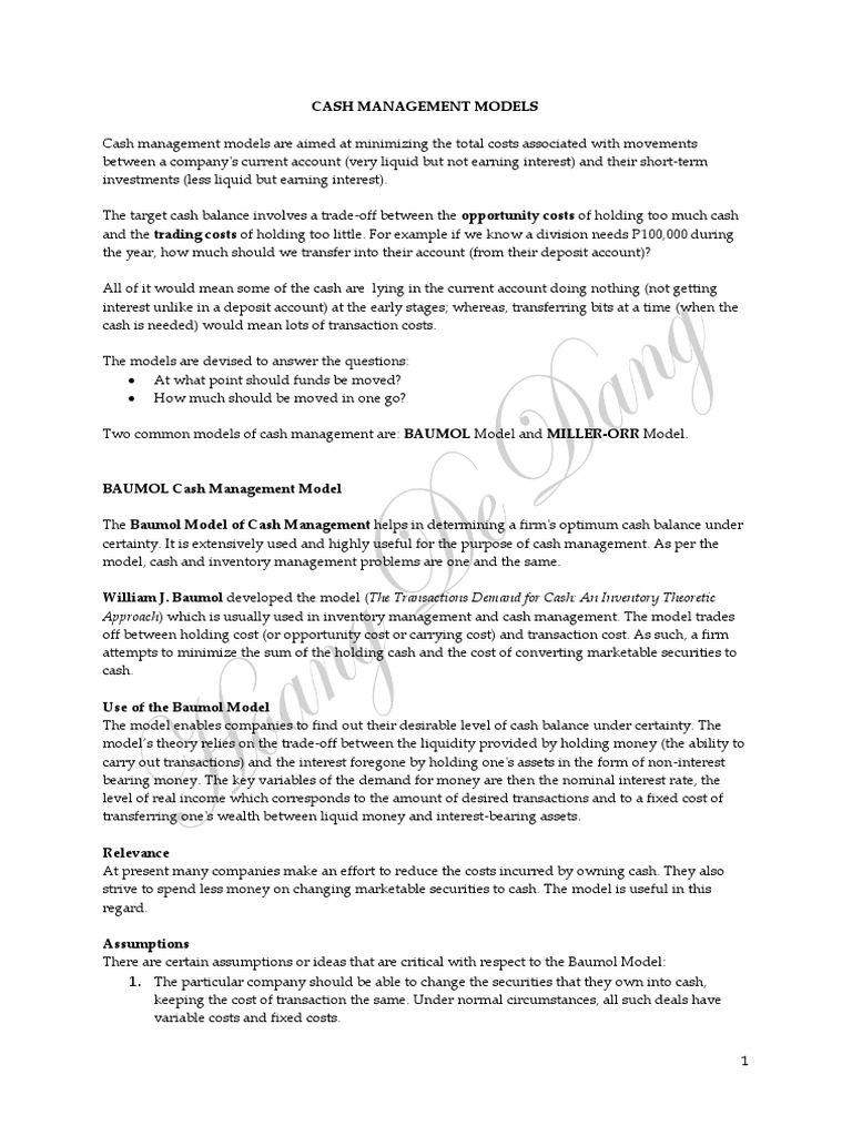 Cash Management Models: Baumol & Miller-Orr | PDF | Demand For Money ...