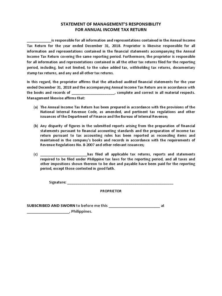 Statement of Management'S Responsibility For Annual Income Tax Return | PDF