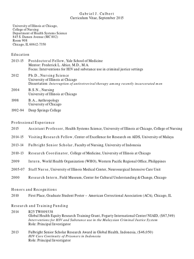 CV Gabriel Culbert 2016 | PDF | Hiv/Aids | Nursing