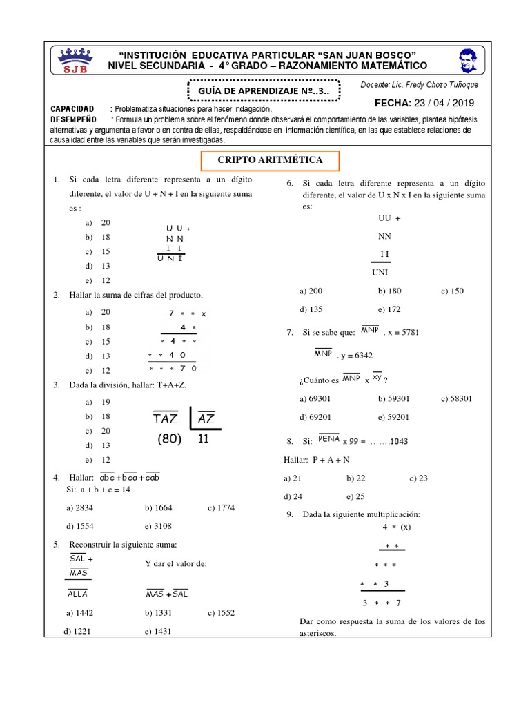 Cripto Aritmetica-4to | PDF | Cognición | Ciencia cognitiva