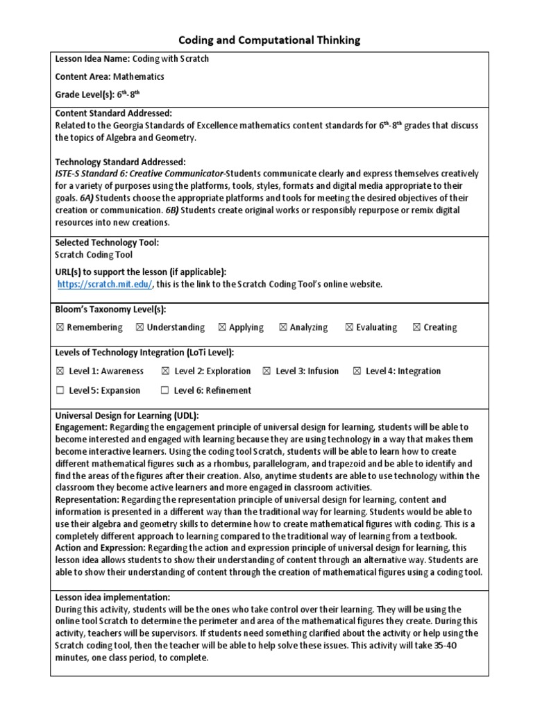 Coding Lesson Plan Template Pdf Scratch Programming Language Privacy