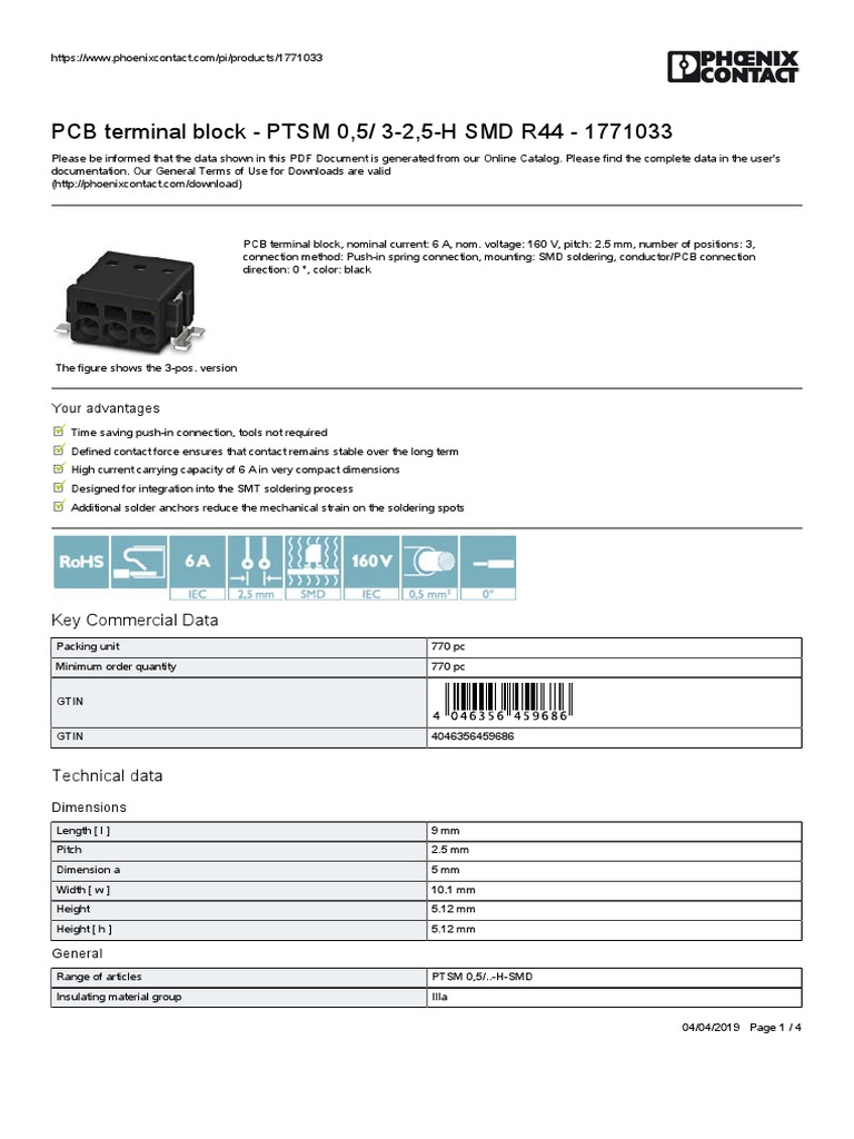 PCB Terminal Block - PTSM 0,5/ 3-2,5-H SMD R44 - 1771033: Key ...